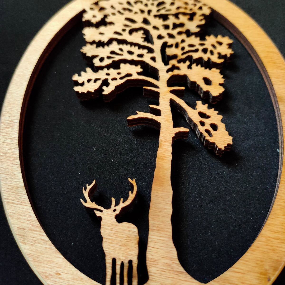 Wooden Hanging of a Stag under Scots Pine Tree – Knightingale Crafts